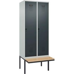 Kleiderspind C+P Evolo Plus, 2 Abteile &agrave; 400 mm Breite, schwebende Sitzbank, B 800 x T 815 x H 2120 mm, Drehriegel, lichtgrau/anthrazitgrau