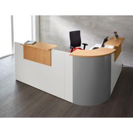 Winkeltheke Come-In, rund, L 2125 x B 2525 mm, wei&szlig;, 3 Ablagen in Buche-Dekor, Eckelement alusilber