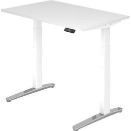 Schreibtisch TOPAS LINE, elektrisch h&ouml;henverstellbar, C-Fu&szlig;, B 1200 x T 800 x H 650-1300 mm, wei&szlig;/wei&szlig;aluminium + Memoryschalter, Kabelkanal