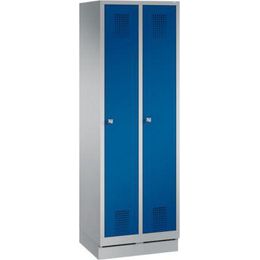 Garderobenspind Evolo S 3000, mit Sockel, 2 Abteile, Zylinderschloss, wei&szlig;aluminium RAL 9006/enzianblau RAL 5010