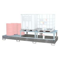 Auffangwanne Bauer AWA 32, Stahl, feuerverzinkt, L 3850 x B 1460 x H 780 mm, 1000 l, f&uuml;r 3 x 1000 l IBC, 2 Abf&uuml;llaufs&auml;tze, 1 Gitterost