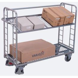 Etagenwagen, Stahl/Drahtgitter, silber, 2 Etagen, 1650 x 650 mm, 2 Stirnwände mit Rundstahlverstrebung, EasySTOP, bis 400 kg