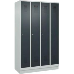 Kleiderspind C+P Evolo Plus, 4 Abteile, 300 mm Abteilbreite, mit Sockel, Anschlag rechts, B 1200 x T 500 x H 1950 mm, Zylinder, lichtgrau/anthrazitgrau
