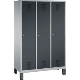 Garderobenspind Evolo S 3000, Stahl, m. F&uuml;&szlig;en, 3 Abteile, Zylinderschloss, wei&szlig;aluminium RAL 9006/anthrazit RAL 7016