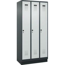 Kleiderspind C+P Evolo Plus, 3 Abteile, 300 mm Abteilbreite, mit Sockel, Anschlag rechts, B 900 x T 500 x H 1950 mm, Drehriegel, anthrazitgrau/lichtgrau
