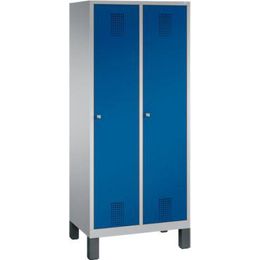 Garderobenspind Evolo S 3000, Stahl, m. F&uuml;&szlig;en, 2 Abteile m. jew. B 400 mm, Zylinderschloss, wei&szlig;aluminium RAL 9006/enzianblau RAL 5010