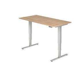 Schreibtisch ULM, elektrisch h&ouml;henverstellbar, Rechteck, T-Fu&szlig;, B 1600 x T 800 x H 625-1275 mm, Nussbaum/wei&szlig;alu + Memoryschalter
