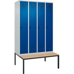 Kleiderspind C+P Evolo Plus, 4 Abteile, 300 mm Abteilbreite, mit untergebauter Sitzbank, B 1200 x T 815 x H 2120 mm, Drehriegel, lichtgrau/enzianblau