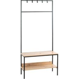 Standgarderobe HAKU, 5 Haken, Gesamttragkraft 15 kg, 2 Ablagen, B 800 x T 350 x H 1800 mm, Stahl/Holz/Metall, schwarz/helles Eiche-Dekor