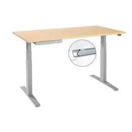 Schreibtisch, elektrisch h&ouml;henverstellbar, T-Fu&szlig;, B 1600 x T 800 x H 645-1290 mm, Ahorn/wei&szlig;aluminium + Kabelkanal, Zubeh&ouml;rschublade