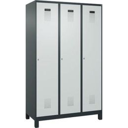 Kleiderspind C+P Evolo Plus, 3 Abteile, 400 mm Abteilbreite, mit F&uuml;&szlig;en, Anschlag rechts, B 1200 x T 500 x H 1950 mm, Zylinder, anthrazitgrau/lichtgrau