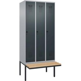 Kleiderspind C+P Evolo Plus, 3 Abteile &agrave; 300 mm Breite, schwebende Sitzbank, B 900 x T 815 x H 2120 mm, Drehriegel, wei&szlig;aluminium/anthrazitgrau