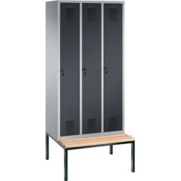 Garderobenspind Evolo S 3000, Stahl, m. untergeb. Sitzbank, 3 Abteile m. jew. B 300 mm, Sicherheitsdrehriegelverschluss, wei&szlig;aluminium RAL 9006/anthrazit RAL 7016