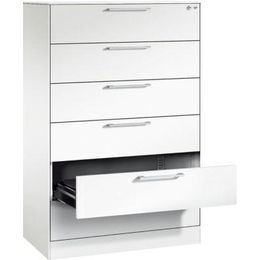 Karteikartenschrank, 3-bahnig DIN A5 quer, 6 Sch&uuml;be mit Vollauszug & B&uuml;gelgriffen, Zentralverschluss, B 800 x T 435 x H 1298 mm, wei&szlig;/wei&szlig;