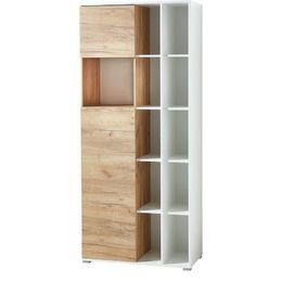 Home Office Aktenschrank LIONI, aus Holz, 2 T&uuml;ren, 4 geschlossene & 11 offene F&auml;cher, B 850 x T 400 x H 1970 mm, wei&szlig;/Navarra Eiche