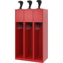 Feuerwehrspind C+P Evolo Youngster, 3 Abteile, mit Helmhalter, Bodengleiter, B 900 x T 500 x H 1530 mm, RAL 3000 Feuerrot