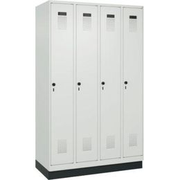 Kleiderspind C+P Evolo Plus, 4 Abteile, 300 mm Abteilbreite, mit Sockel, Anschlag rechts, B 1200 x T 500 x H 1950 mm, Drehriegel, lichtgrau/lichtgrau