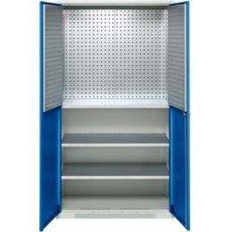 Sch&auml;fer Shop Sch&auml;fer Shop Genius Materialschrank FS, 5 OH, abschlie&szlig;bar, Lochrasterw&auml;nde/3 Fachb&ouml;den, bis 450 kg, B 1055 x T 520 x H 1950 mm, lichtgrau/enzianblau