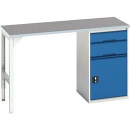 Unterbauwerkbank Bott verso, Linoleum-Platte, 2 Schubladen, 1 T&uuml;r, 1 Ablageboden, B 1500 x T 600 x H 930 mm, Lichtgrau / Enzianblau