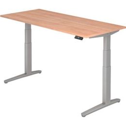 Schreibtisch TOPAS LINE, elektrisch h&ouml;henverstellbar, C-Fu&szlig;, B 1800 x T 800 x H 650-1300 mm, Nussbaum/wei&szlig;aluminium + Memoryschalter, Kabelkanal