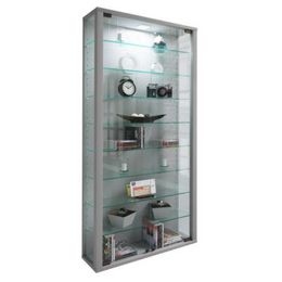 Wandvitrine Vitrosa Maxi, mit LED-Beleuchtung, 8 Einlegeb&ouml;den, 2 Fl&uuml;gelt&uuml;ren, B 590 x T 180 x H 1140 mm, Glas & Holz, silber