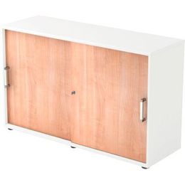 Schiebet&uuml;renschrank TARVIS, 2 Ordnerh&ouml;hen, B 1200 x T 400 x H 748 mm, abschlie&szlig;- & stapelbar, wei&szlig;/Nussbaum-Dekor