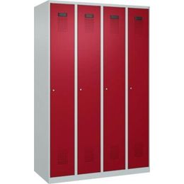 Kleiderspind C+P Evolo Plus, 4 Abteile, Anschlag rechts, Zylinderschloss, Soft-Anschlag, B 1200 x T 500 x H 1850 mm, lichtgrau/rubinrot