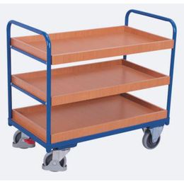 Etagenwagen, Stahl/MDF-Platte, Enzianblau/Buche-Dekor, 3 Etagen, 965 x 555 mm, EasySTOP, bis 250 kg