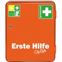 Verbandschrank HEIDELBERG, Stahlblech, Sicherheitsschloss, B 362 x T 140 x H 302 mm, Inhalt nach DIN 13157, orange