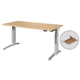 Sch&auml;fer Shop Sch&auml;fer Shop Genius Schreibtisch ERGOSTYLE S, Rechteck, 2-stufig elektrisch h&ouml;henverstellbar, C-Fu&szlig;, B 1600 x T 800 x H 635-1305 mm, inkl. Memory Master + Schublade, Ahorn/wei&szlig;aluminium