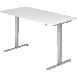 Schreibtisch ULM, elektrisch h&ouml;henverstellbar, Rechteck, T-Fu&szlig;, B 1600 x T 800 x H 720-1190 mm, lichtgrau/alusilber + Kabelwanne