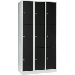 Wertfachschrank 300 mm, 3 Abteile, 9 F&auml;cher, Sicherheitszylinderschloss, Sockel, tiefschwarz