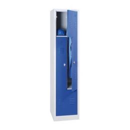 Kleiderspind, 2 Abteile, mit Sockel, 2 F&auml;cher, mit Z-T&uuml;ren, Drehriegelverschlus, lichtgrau/enzianblau