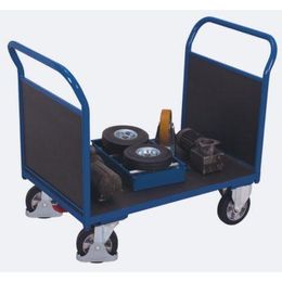 Sch&auml;fer Shop Doppel-Stirnwandwagen, Stahl/Siebdruckplatte, Enzianblau/Dunkelbraun, L 1195 x B 800 mm, Sperrholz-Stirnw&auml;nde, Vollgummi-Rollen mit EasySTOP, 1000 kg