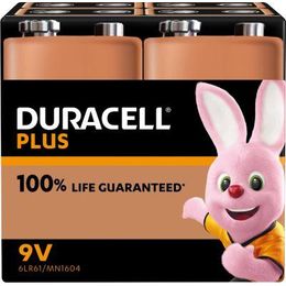 Duracell Batterie Alkaline, E-Block, 6LR61, 9V, Plus, Extra Life, Retail Blister (4-Pack)
