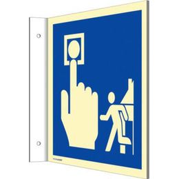 moedel Fahnenschild &bdquo;Hausalarm/Brandmelder/Evakuierung&ldquo;, Leuchtklasse C, 160 mcd/m&sup2;, bis 20 m, L 200 x B 200 mm, Aluminium, blau-wei&szlig;