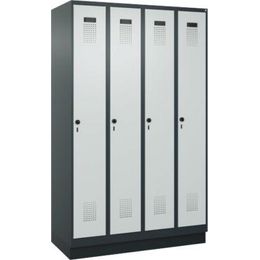 Kleiderspind C+P Evolo Plus, 4 Abteile, 300 mm Abteilbreite, mit Sockel, Anschlag rechts, B 1200 x T 500 x H 1950 mm, Drehriegel, anthrazitgrau/lichtgrau