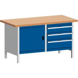 Bott Kastenwerkbank KW-1578-2.3, 3 geschlossene Schubladen, Fl&uuml;gelt&uuml;r, Rotbuchenholz-Arbeitsplatte, 1500 x 750 x 840 mm, enzianblau/lichtgrau