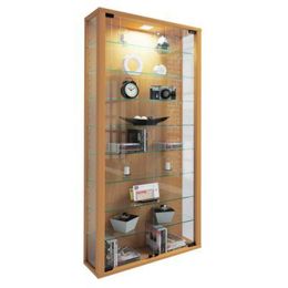Wandvitrine Vitrosa Maxi, mit LED-Beleuchtung, 8 Einlegeb&ouml;den, 2 Fl&uuml;gelt&uuml;ren, B 590 x T 180 x H 1140 mm, Glas & Holz, Buche-Dekor