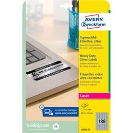 Avery Zweckform Typenschildetiketten L6008-20, extrem robust, geeignet f&uuml;r SW-Laserdrucker, 25,4 x 10 mm, 3780 St&uuml;ck/20 A4-Bogen, Polyesterfolie, silber