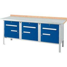 Sch&auml;fer Shop Kastenwerkbank Sch&auml;fer Shop Select PW 200-5, Buche Multiplexplatte, mit Stahlabdeckung, bis 750 kg, B 2000 x T 700 x H 840 mm, Enzianblau