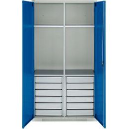 Sch&auml;fer Shop Sch&auml;fer Shop Genius Materialschrank FS, 5 OH, abschlie&szlig;bar, 4 Fachb&ouml;den/12 Sch&uuml;be, bis 450 kg, B 1055 x T 520 x H 1950 mm, Stahl, lichtgrau/enzianblau