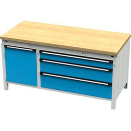 Otto Kind Breitfachwerkbank Typ 440, Buche Multiplexplatte, b&uuml;ndig, bis 1400 kg, B 1697 x T 750 x H 850 mm, Stahl, Zentralverschluss, lichtgrau/lichtblau