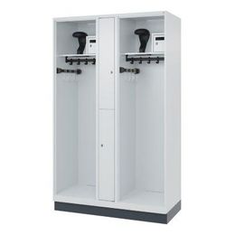 Feuerwehrspind C+P Evolo Maxi, 4 Abteile f&uuml;r 2 Personen, mit Helmhalter, mit Sockel, B 1200 x T 500 x H 1950 mm, RAL 7035 Lichtgrau/RAL 7016 Anthrazitgrau