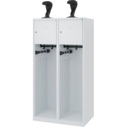 Feuerwehrspind C+P Evolo Youngster, 2 Abteile, mit Helmhalter, Bodengleiter, B 800 x T 500 x H 1530 mm, RAL 7035 Lichtgrau