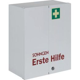 Verbandschrank ROM, DIN 13169, 2-t&uuml;rig, abschlie&szlig;bar, 2 B&ouml;den, 2 Sch&uuml;be, 6 Ablageschalen & 2 Schl&uuml;ssel, bef&uuml;llt, Stahlbl.
