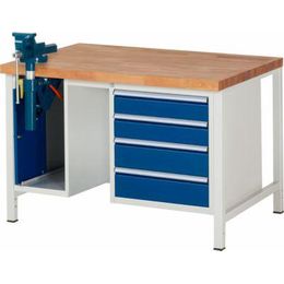 Werkbank Modell 8185, 4 Schubladen, Schrank mit Einschiebet&uuml;r, inkl. SchRaubstock, B 1500 x T 700