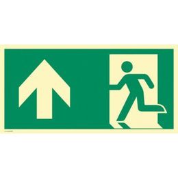 moedel Fluchtwegschild "Notausgang links Pfeil oben", nach ISO 7010 E001, Aluminium 1,8 mm, langnachleuchtend, B 594 x H 297 mm