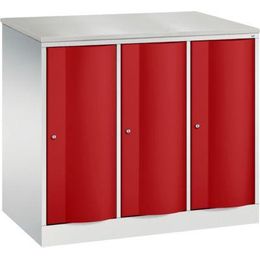 C+P Garderobenschrank Resisto, 3 Abteile, 3 F&auml;cher, B 1148 x T 640 x H 1077 mm, Lichtgrau/Rubinrot