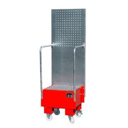 Bauer Fahrbare Auffangwanne mit Lochplattenwand, aus Stahl, Kapazit&auml;t 1 x 60-Liter Fass, rot